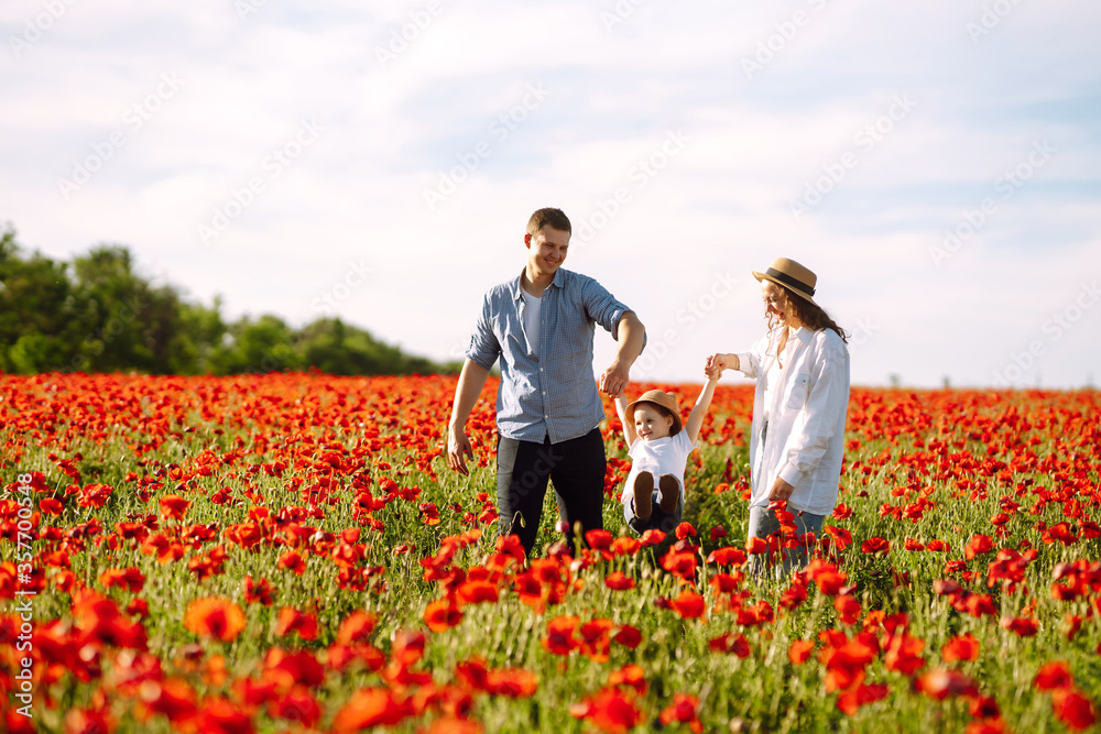 Family with a child walking on a poppy field. Mother, father, little ...