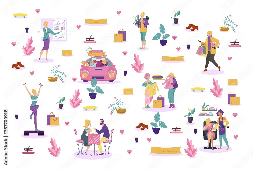 Woman daily routine, girl character lifestyle vector illustration ...