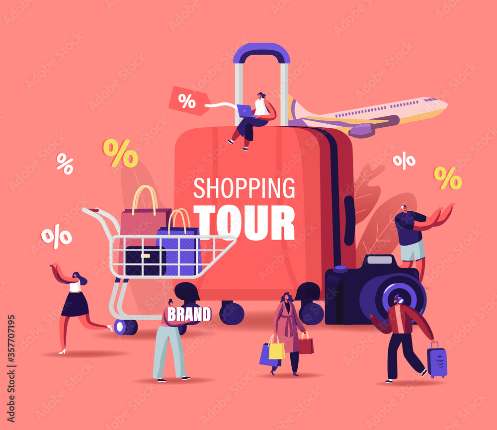 Shopping Tour Concept. Tiny Male Female Characters with Bags and ...