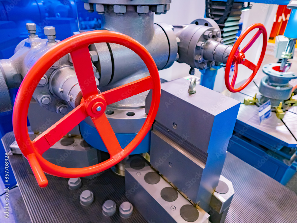 Red crane for shut off pressure. Concept - gas pressure control. Pipe ...
