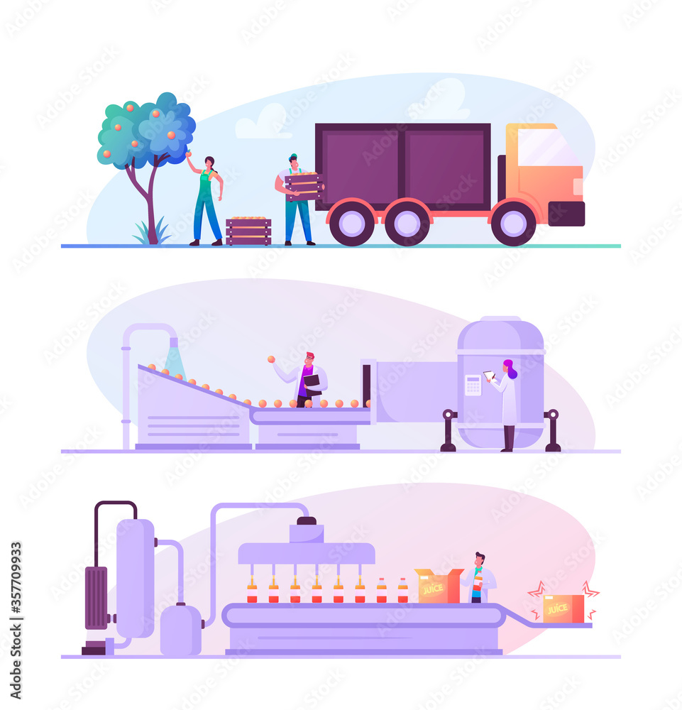 Fruit Juice Factory Manufacturing. Characters Harvesting Ripe Fruits ...
