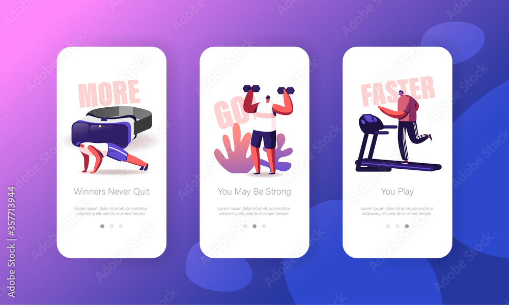 Exercising Mobile App Page Onboard Screen Template. Characters in ...