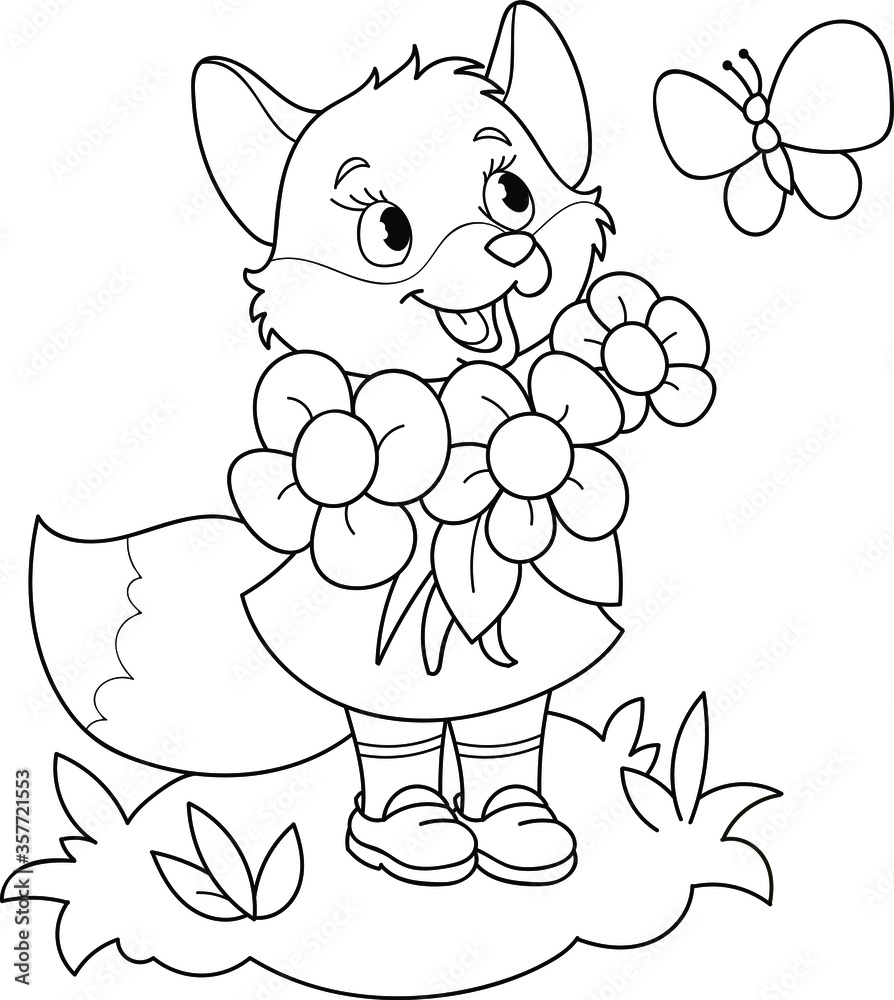 Coloring page outline of cartoon smiling cute beautiful fox with ...