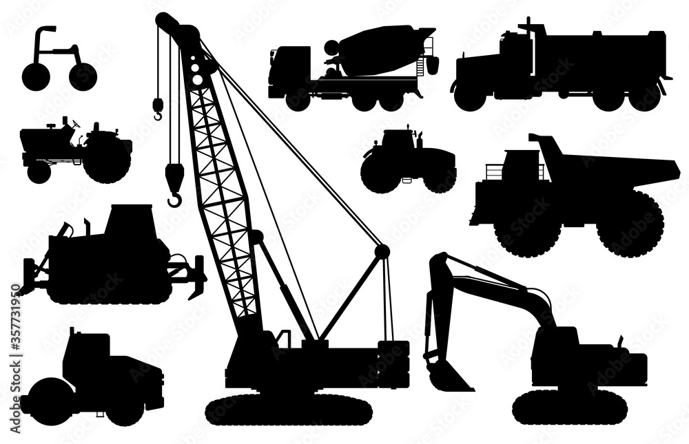 Construction machines silhouette. Heavy machines for building work ...