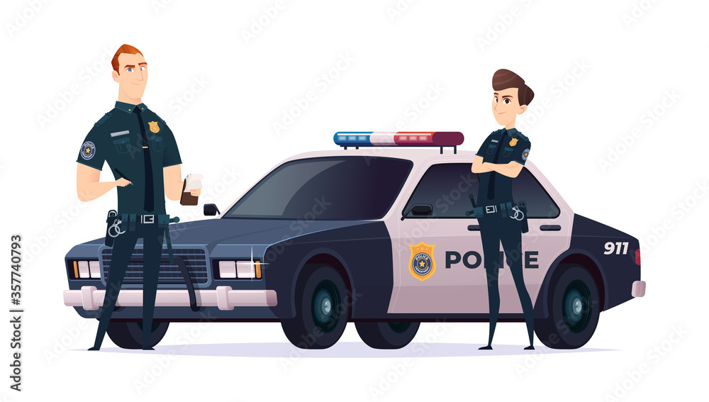 Cartoon police officers man and woman team. Public safety officers with ...