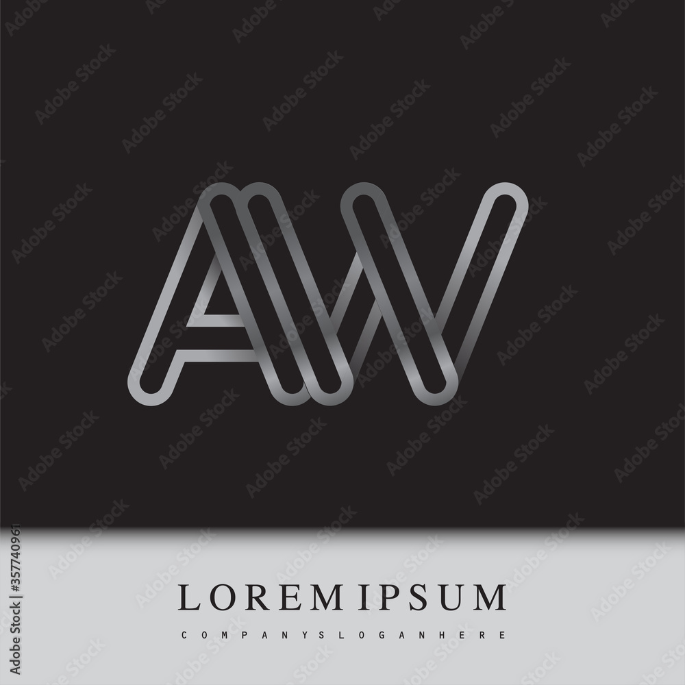 initial logo letter AW, linked outline silver colored, rounded logotype ...