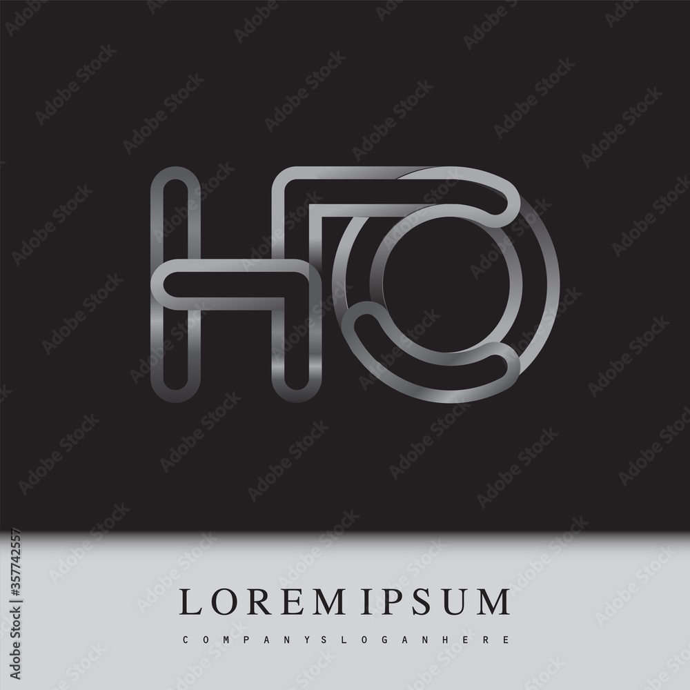 initial logo letter HO, linked outline silver colored, rounded logotype ...