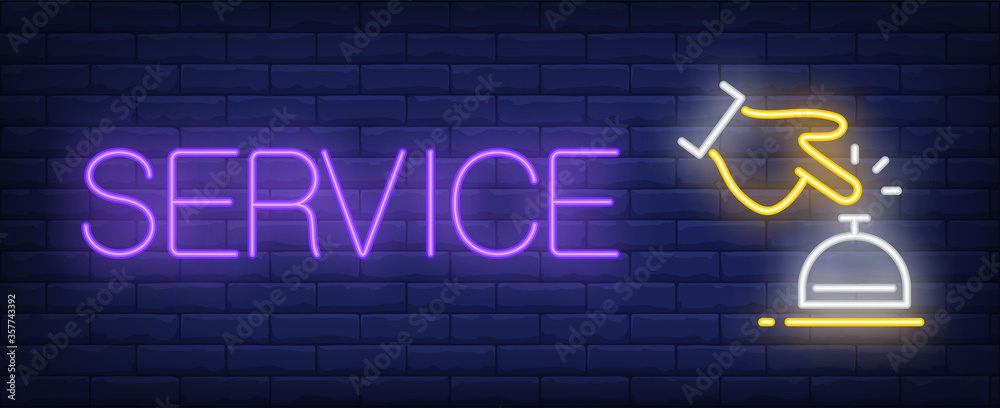 Service neon sign. Glowing inscription with hand and table bell on dark ...