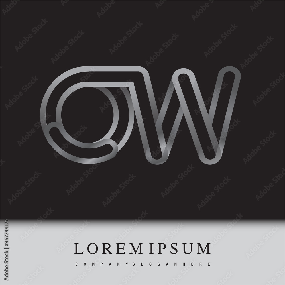 initial logo letter OW, linked outline silver colored, rounded logotype ...