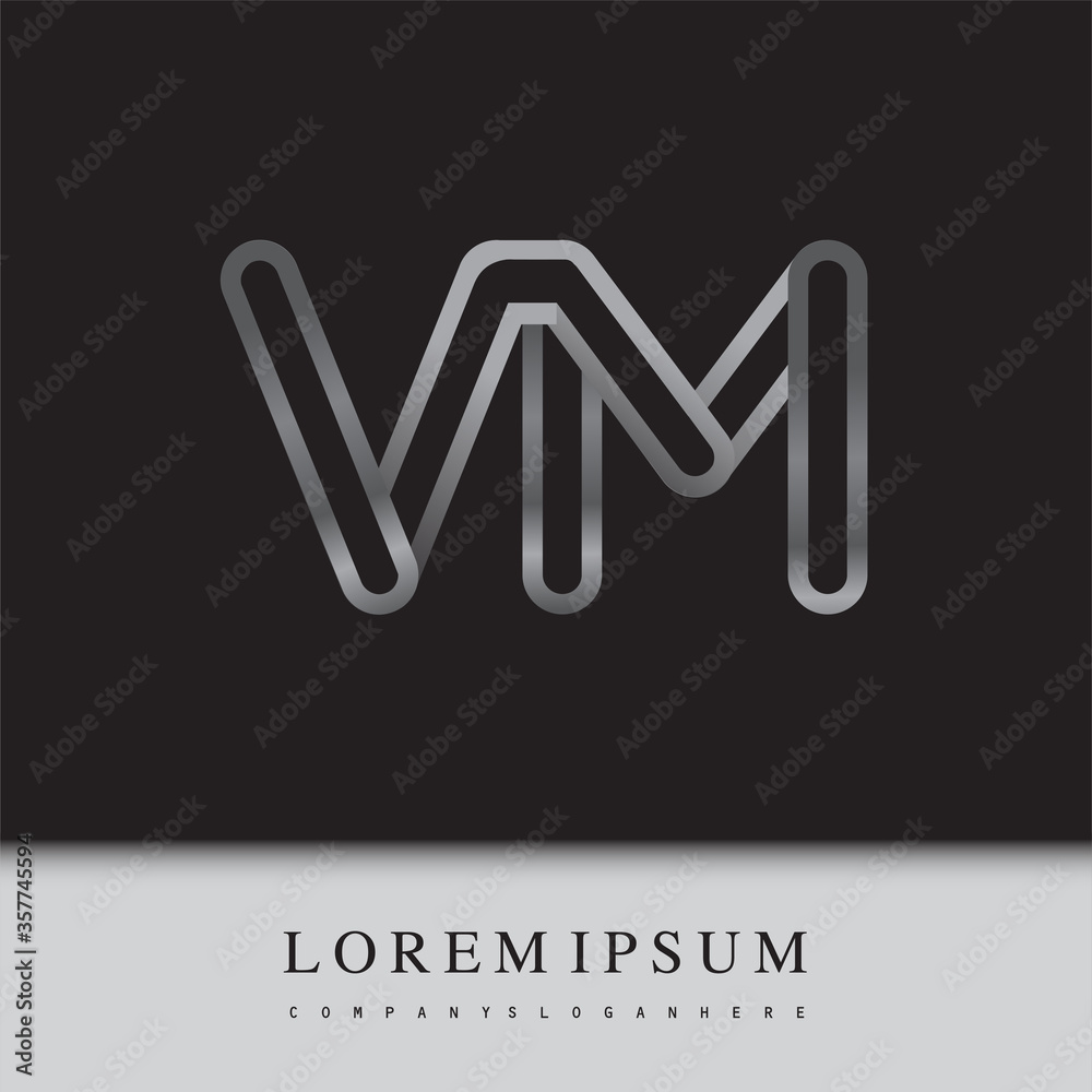 initial logo letter VM, linked outline silver colored, rounded logotype ...