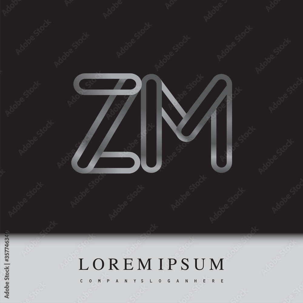 initial logo letter ZM, linked outline silver colored, rounded logotype ...