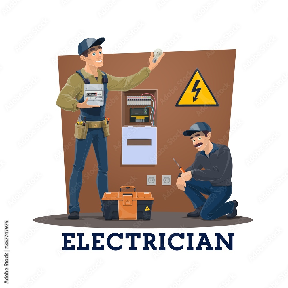 Electricians with work tools and equipment cartoon vector of electric ...