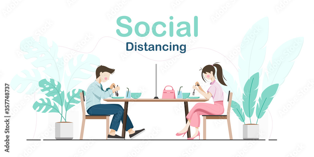 Social distancing. Men and women sitting and eating food at the dining ...