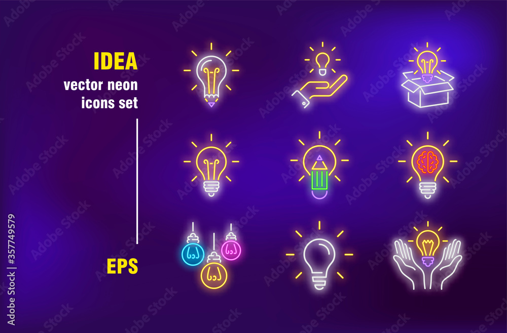 Idea neon signs set. Shiny lightbulbs in hands, box, hanging bulbs ...