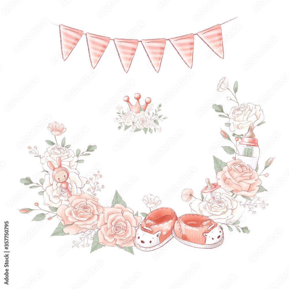 Bouquet wreath newborn baby shower birthday. Hand drawing Stock ...