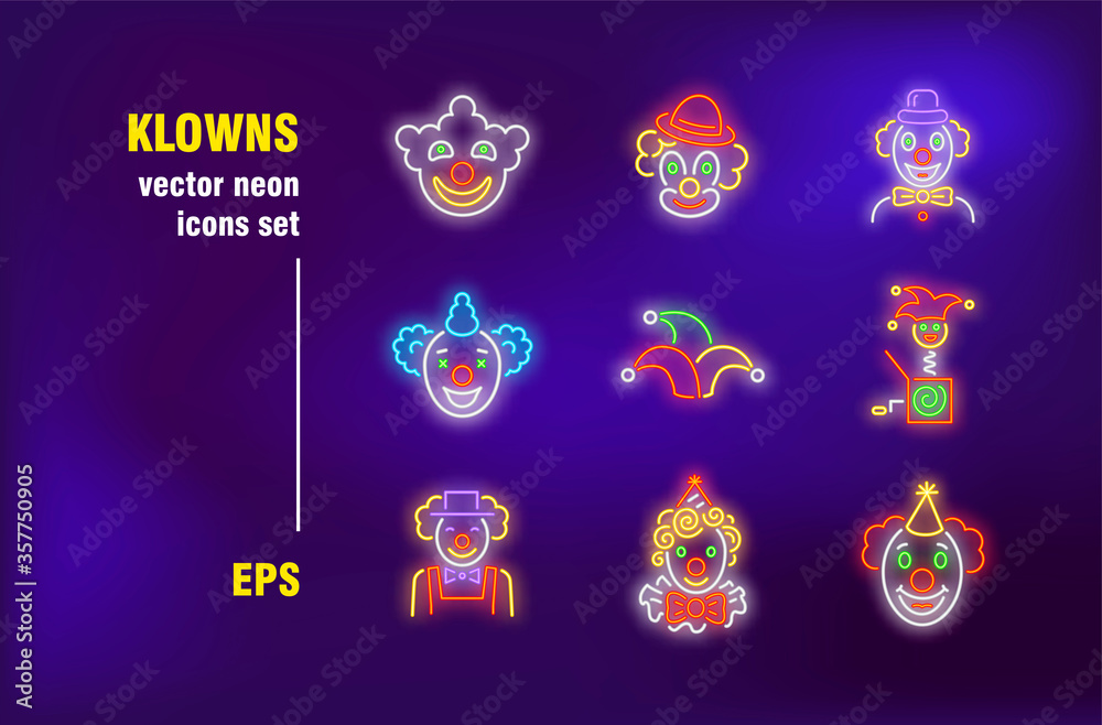 Clowns neon signs set. Performer, comic actor, scary monster, comedy ...