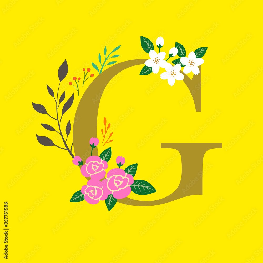 Whimsical floral botanical monogram alphabet - capital G vector ...