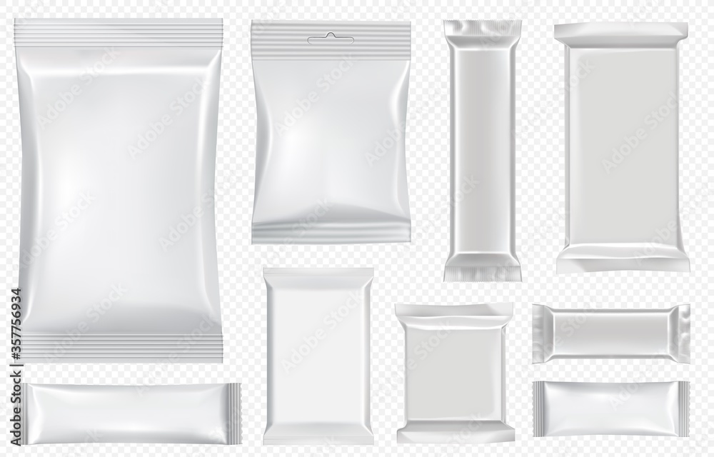 Naklejka Flow pack and chocolate bar. White snack package template for ...