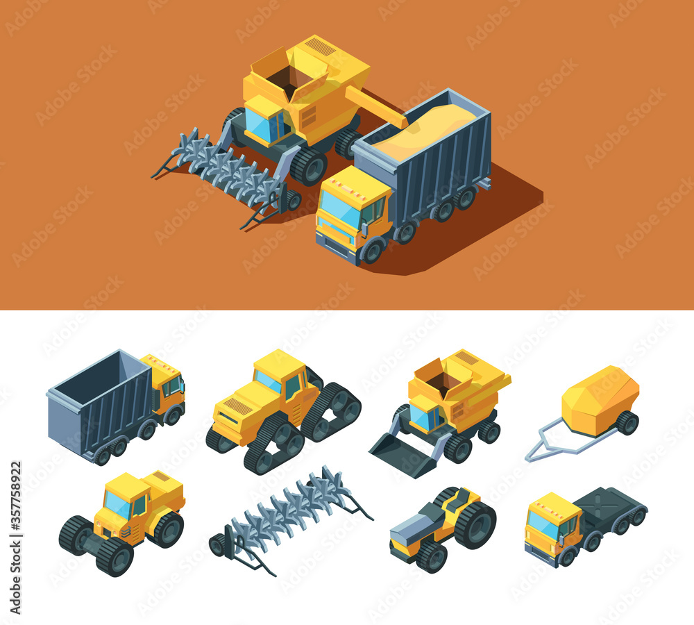 Machines agricultural isometric set. Vehicles modern industry rural ...