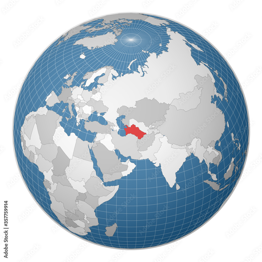 Globe centered to Turkmenistan. Country highlighted with green color on ...