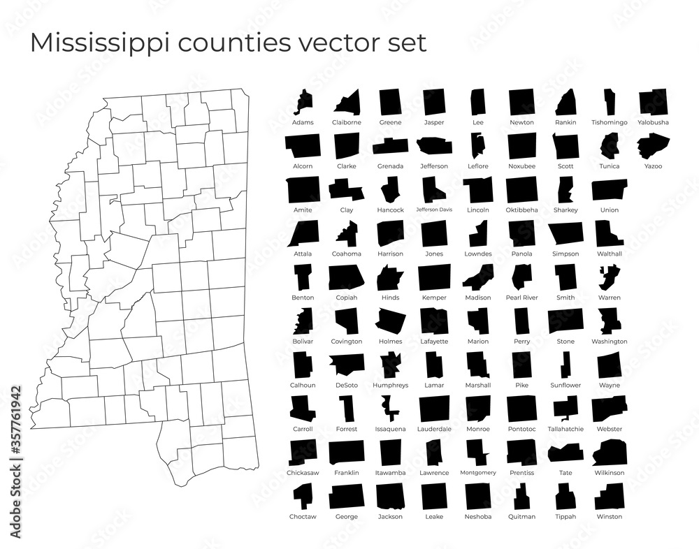 Mississippi map with shapes of regions. Blank vector map of the Us ...