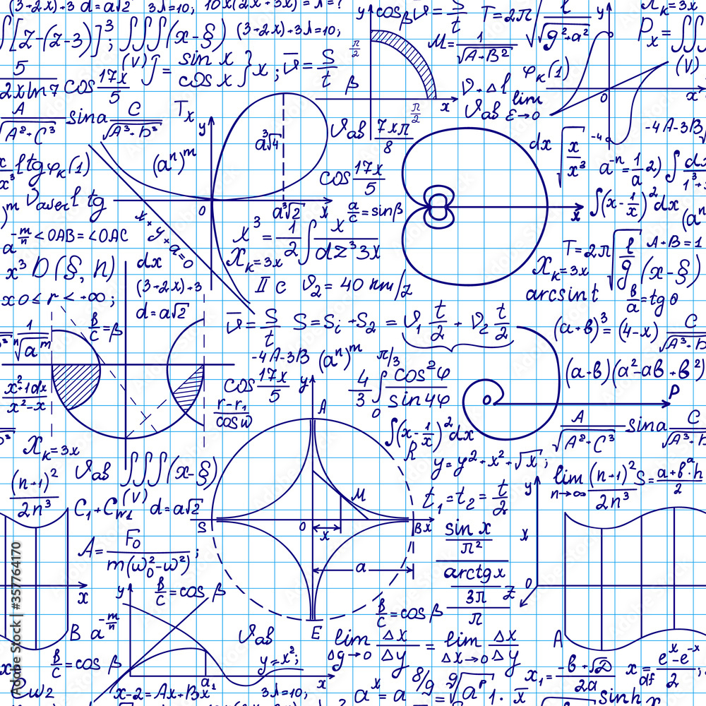 Scientific vector seamless background with math and physics handwritten formulas, plots, tables ...