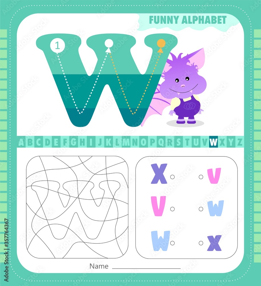 Letter W and funny cartoon bat. Alphabet a-z. Coloring page. Printable ...