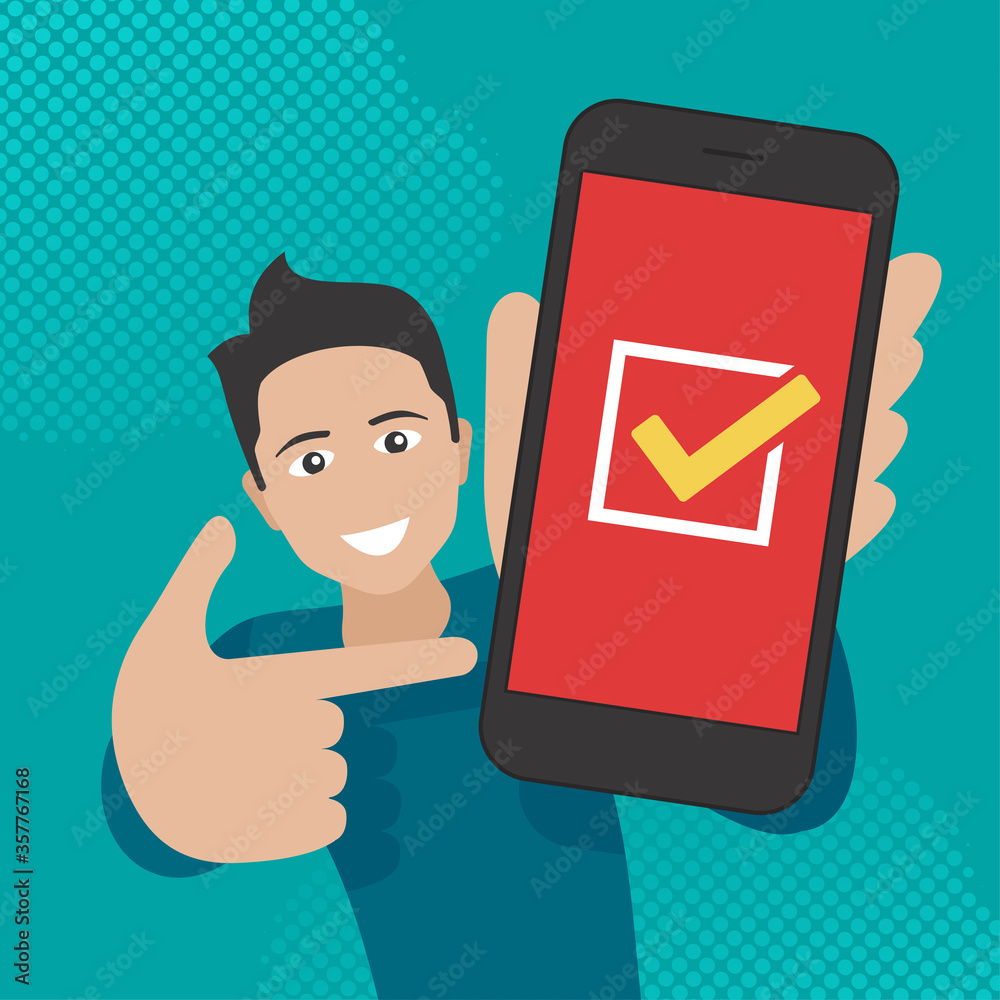 Happy young smiling man holding phone with check mark on a screen ...