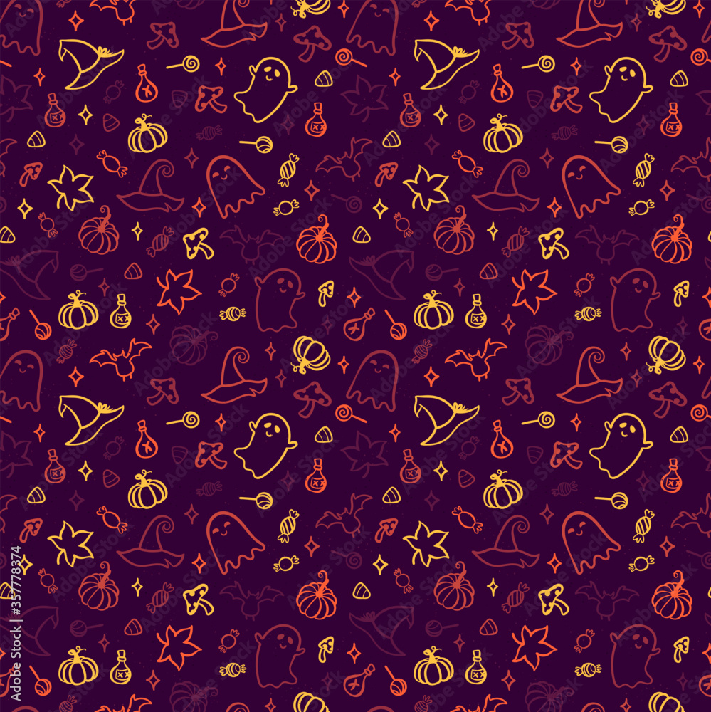 Cute hand drawn Halloween seamless pattern, colorful doodle background ...