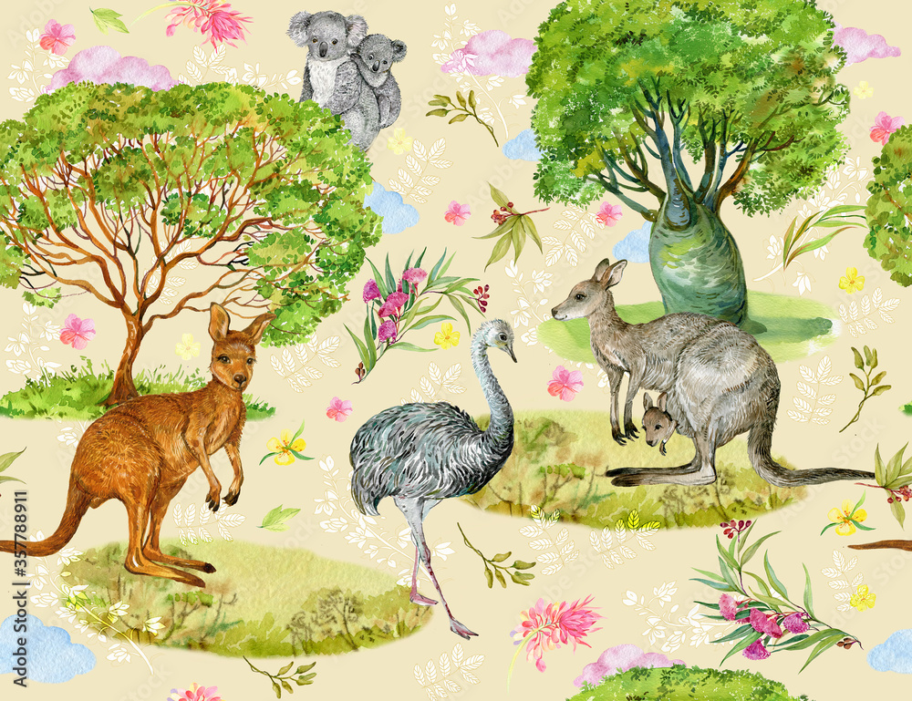 Australian animals, seamless pattern for fabric .watercolor hand ...