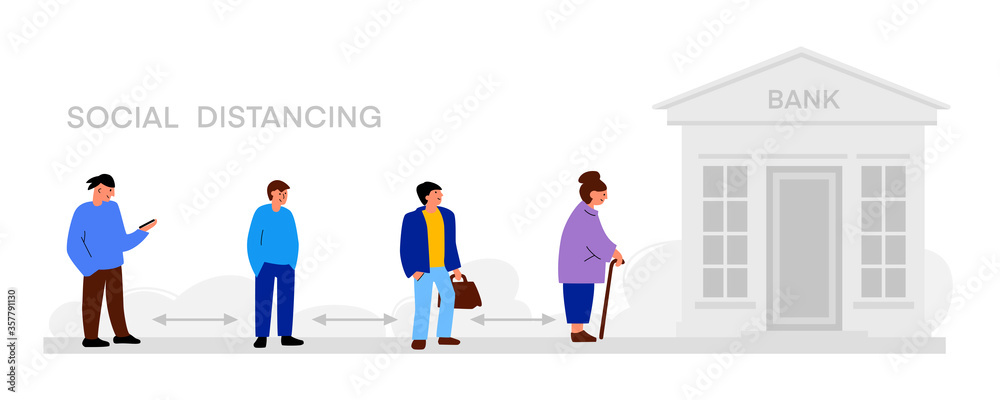 Social distancing. Men and old woman keep a distance in line to bank ...