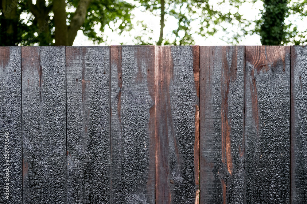Newly installed and creosoted wooden panelled fence seen within a ...