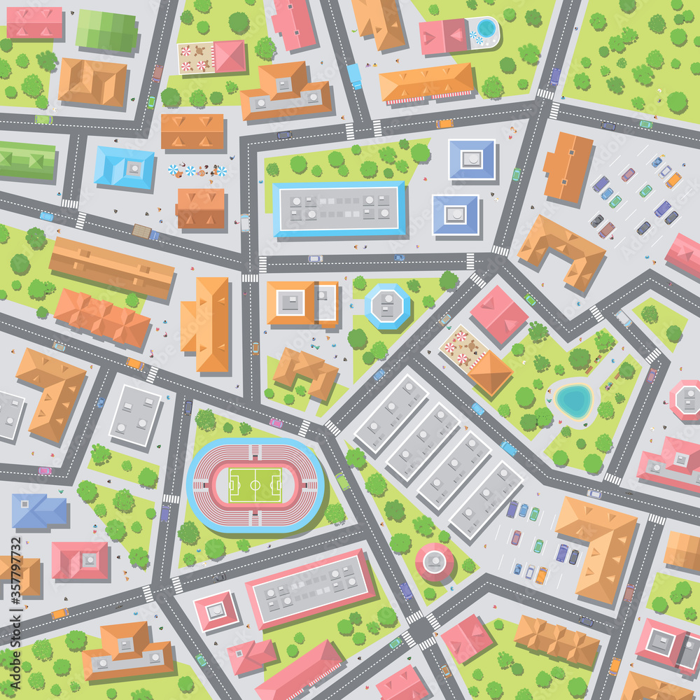 Vector illustration. City top view. Streets, houses, buildings, roads ...