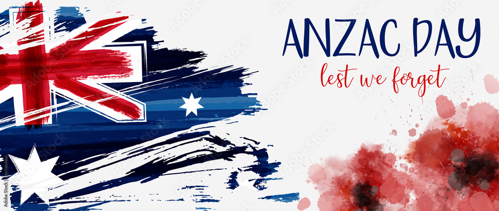 Anzac Day banner with grunge watercolor Australia flag and two red ...