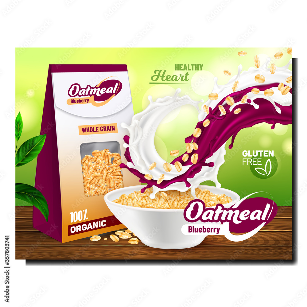 Oatmeal With Blueberry Promotional Banner Vector. Oatmeal Porridge In ...
