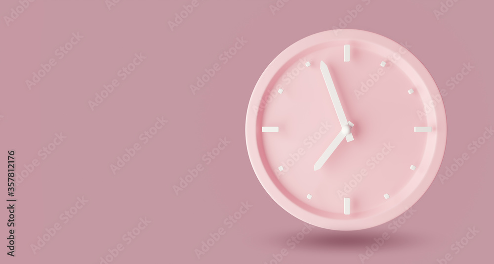 3d illustration. Pink watch dial with white hands. Isolation on a pink ...