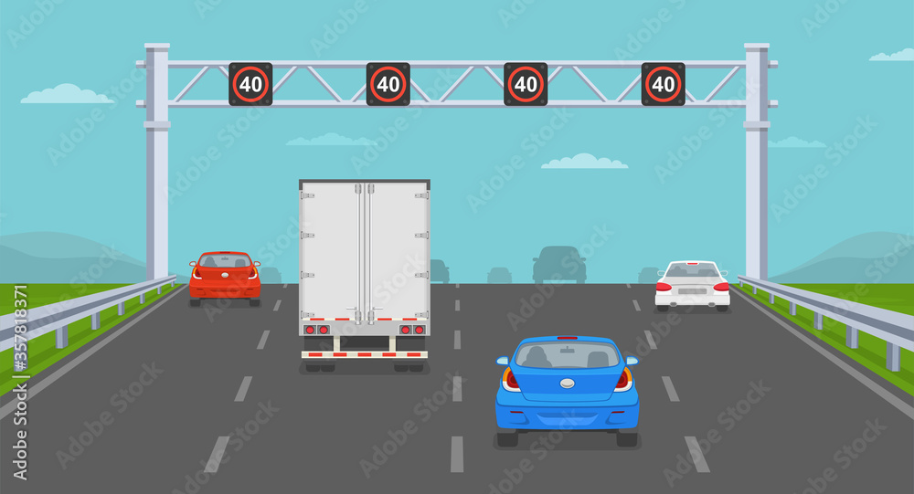 Cars passing through speed limit sign at highway. Back view. Flat ...