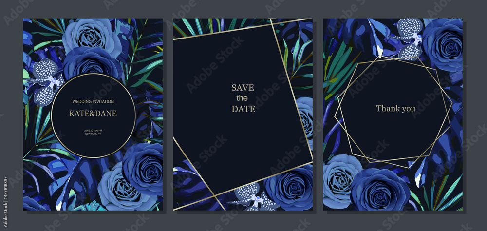 Set of jungle cards with palm leaves, blue rose, orchid, hibiscus and ...