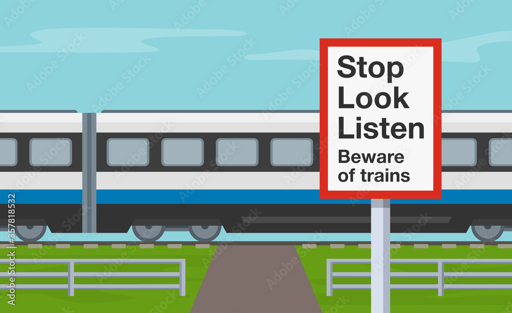 Stop Look Listen warning sign for pedestrians on railway crossing. Flat ...