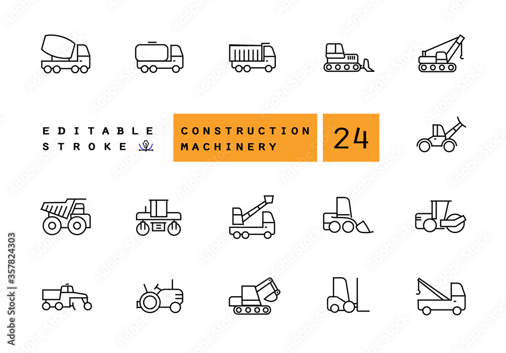Construction machinery linear contour illustrations icons set. Heavy ...