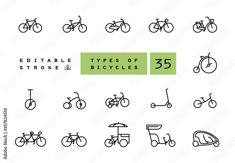 Bicycle types vector linear icons set. Outline symbols pack with ...
