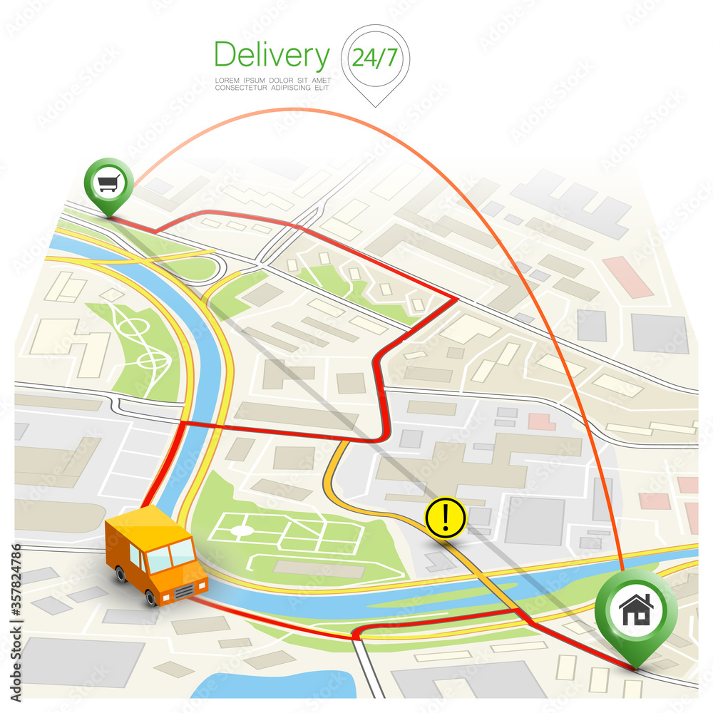 City map navigation delivery route, point markers delivery van, drawing ...
