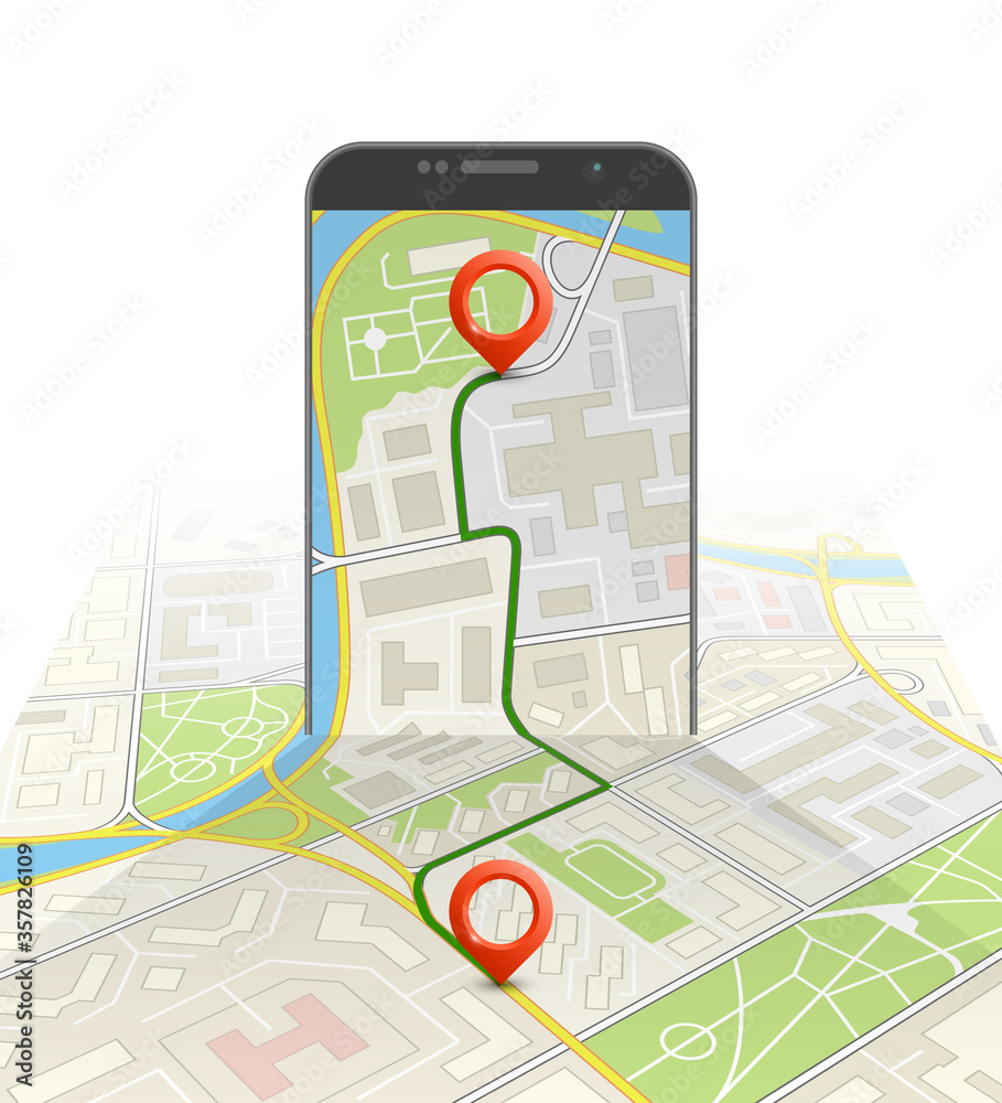 City map route navigation smartphone, phone point marker, road drawing ...
