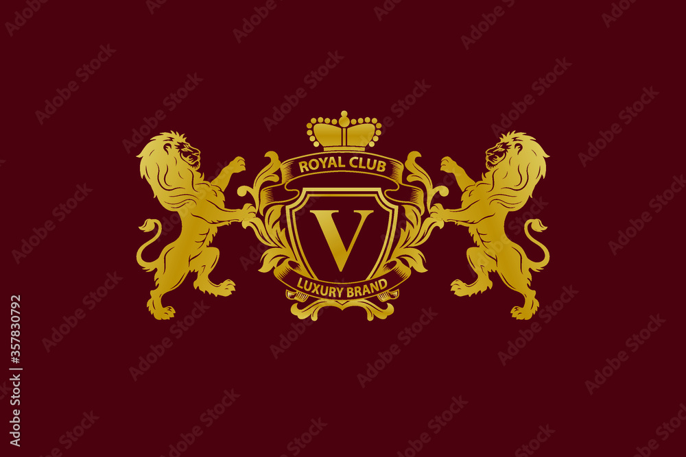 Lion Logo with V Letter in Royal Shield Vector Logo Stock Vector ...