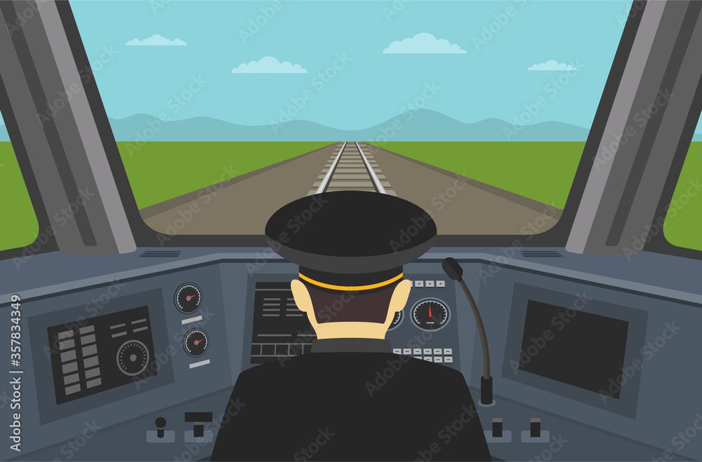 Train driver sitting in cabin of a modern train. Interior control place ...