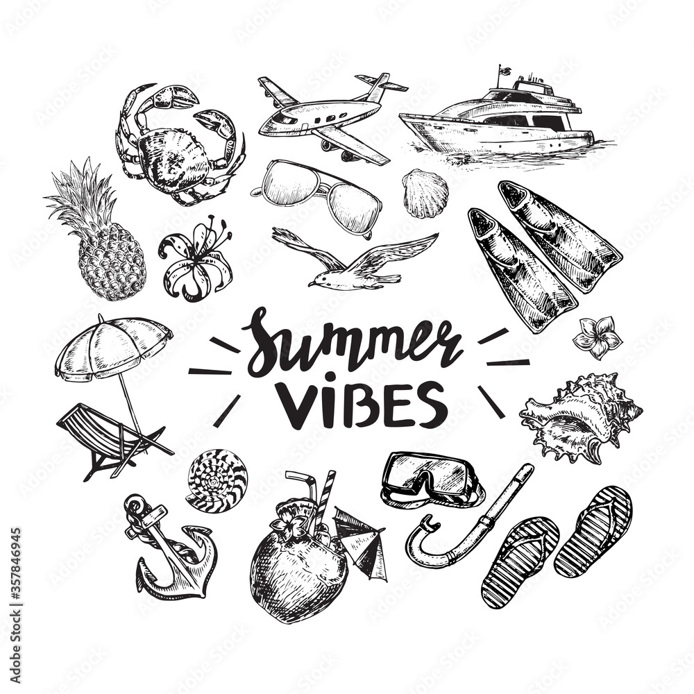 Hand drawn sketch illustration set summer card on a white background ...