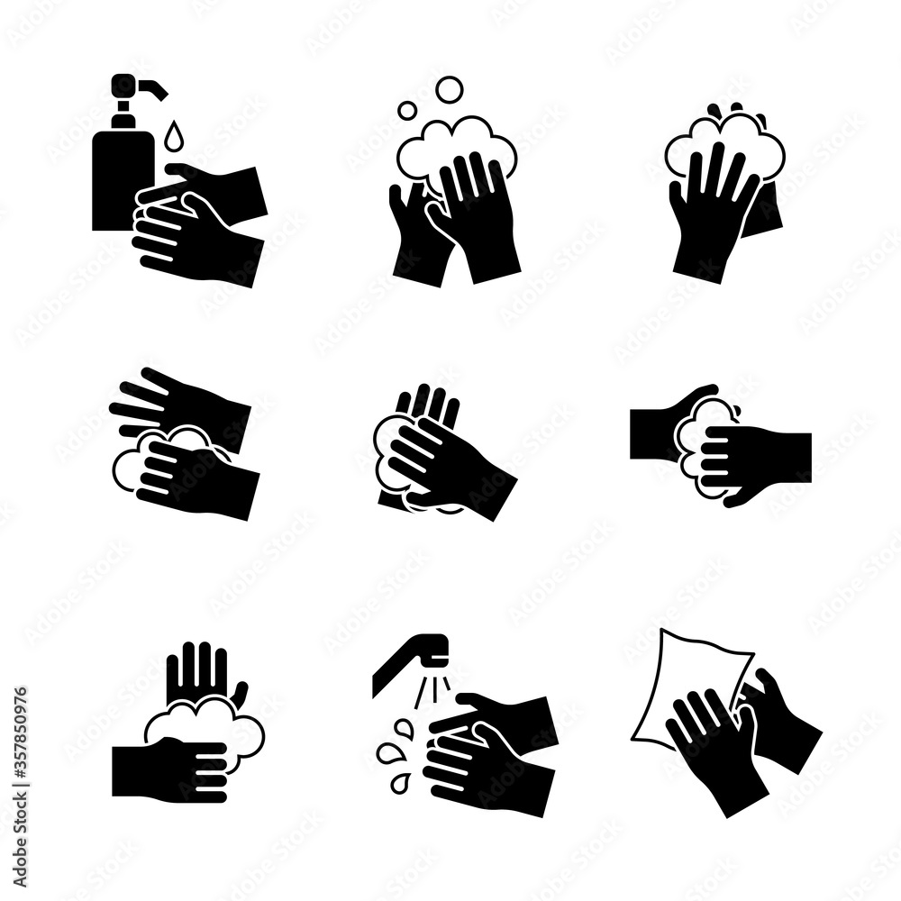 Hand washing icon set on white background. Hand hygiene vector ...