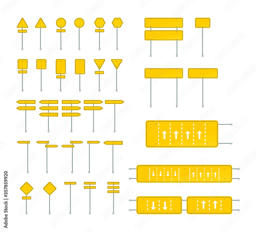 Road yellow traffic signs set. Blank board with place for text ...