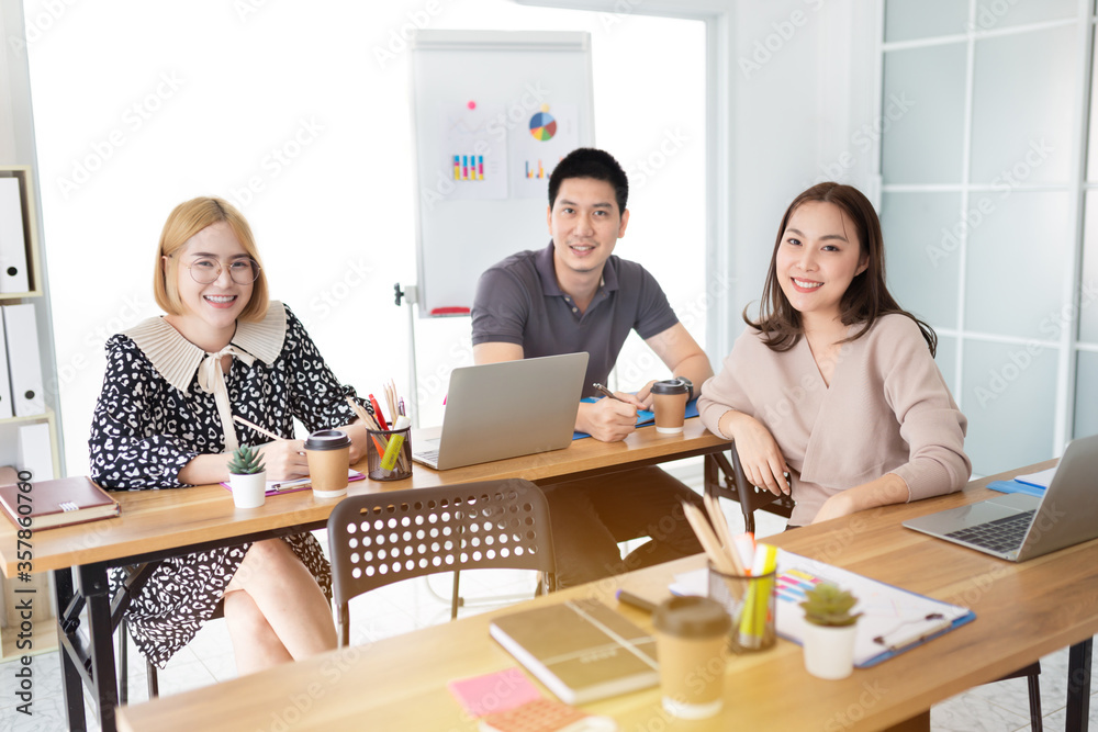 young asian team meeting and discussion about organization story in ...