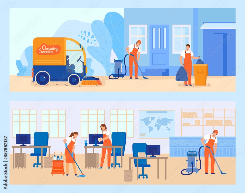 Cleaning service vector illustration. Cartoon flat worker people team ...